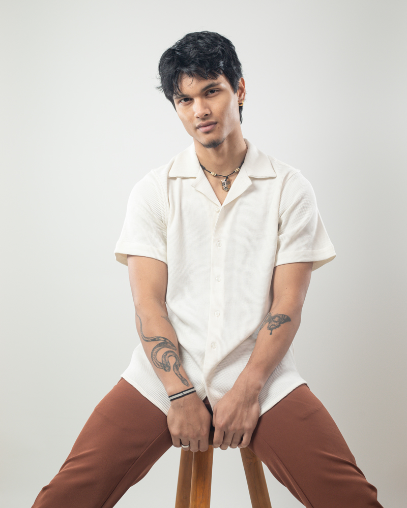 Men’s Wafer Patterned Half Sleeve Cuban Shirt in White