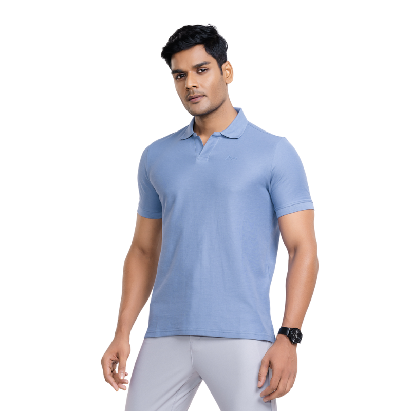Turaag Active Sky Blue Regular Fit V-Neck Split Polo Shirt Classic Pima ...